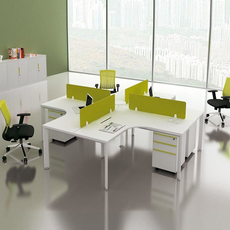 120 Degrees White MDF Cubicle 4 Staff Workstation Table For Office Room