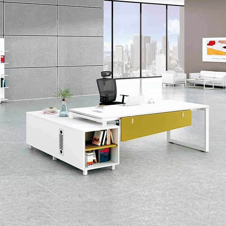 L Shape Executive Office Desks Sets White Single With Wooden Baffle